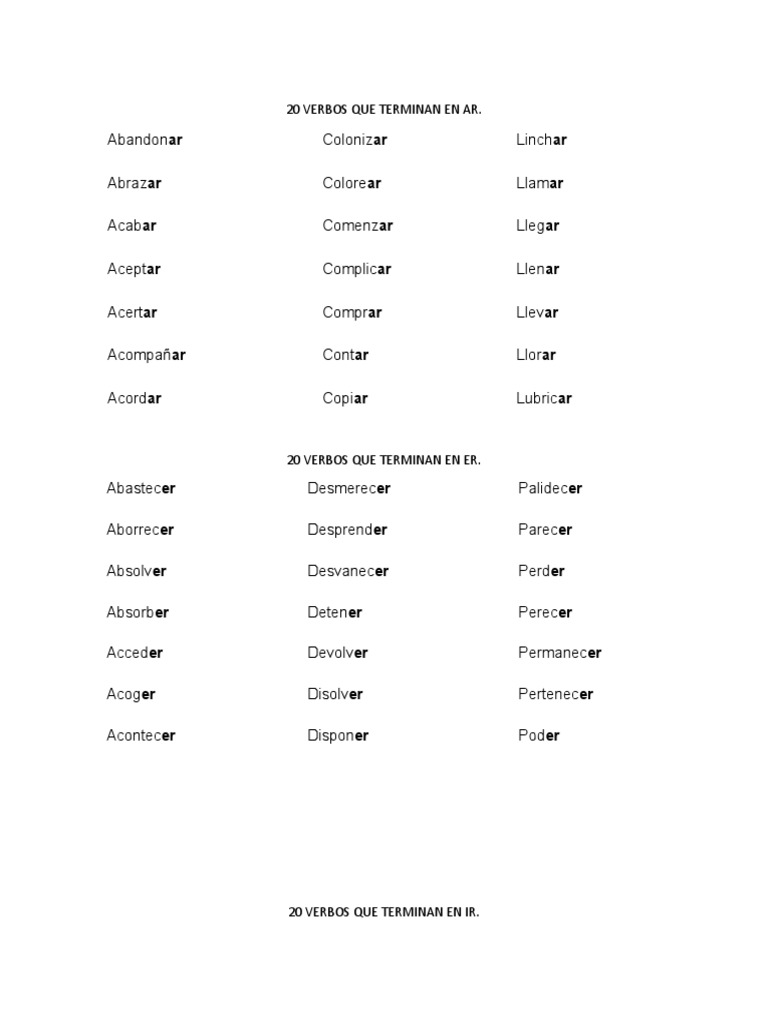 20 Verbos Que Terminan en Ar | PDF
