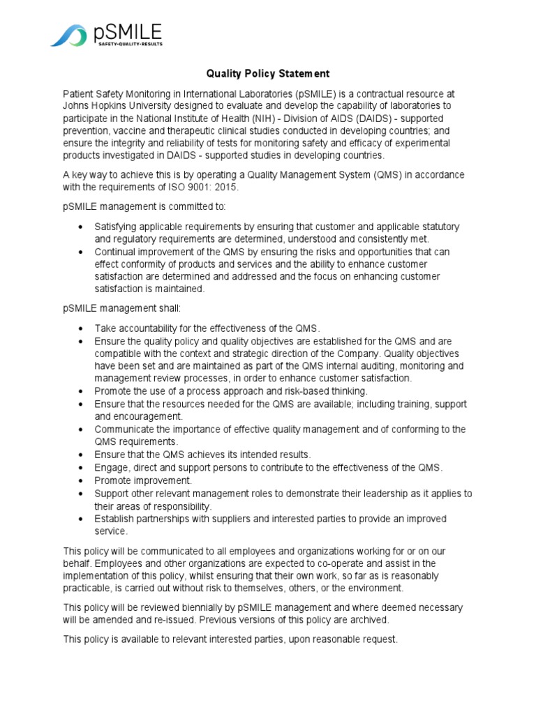 pSMILE Quality Management Commitment | PDF | Quality Management System ...