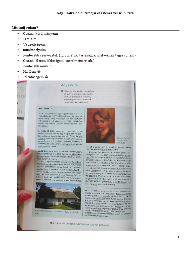 Ady Endre Halál Témájú És Istenes Versei 3. Tétel | PDF