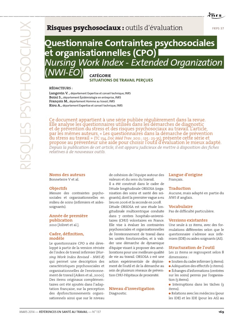 Évaluation des Risques Psychosociaux au Travail | PDF | Psychométrie ...