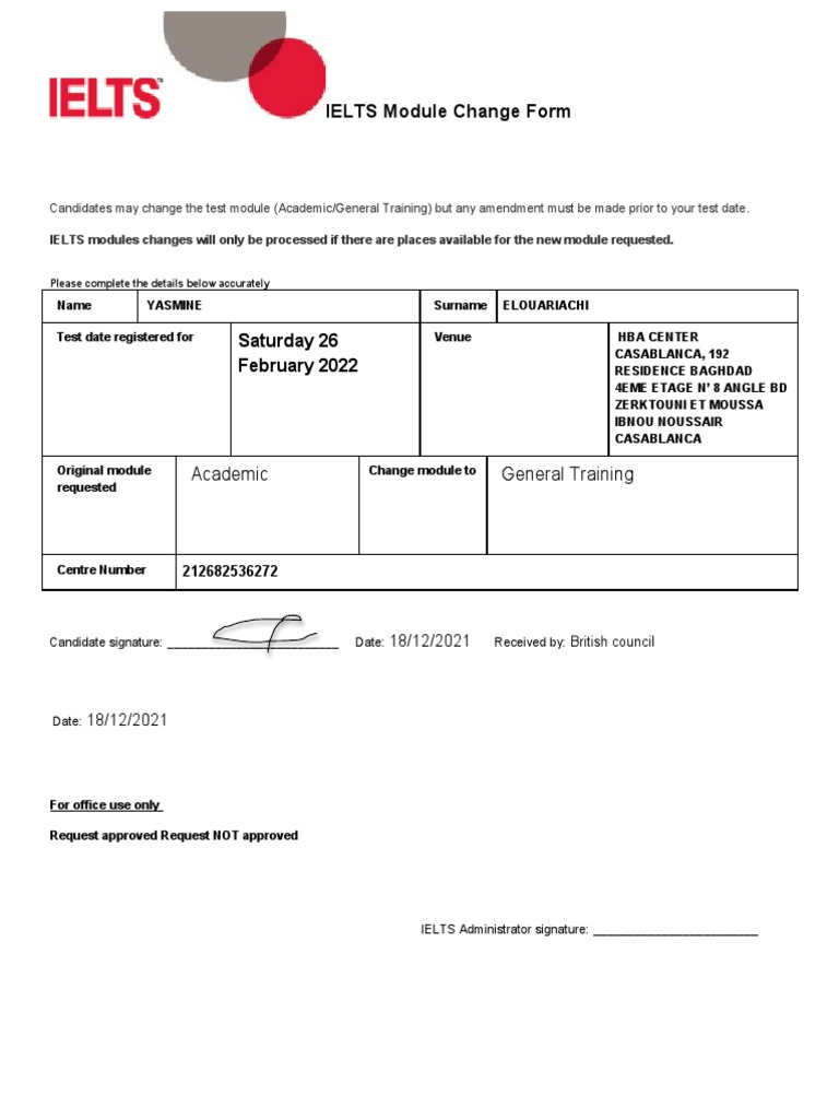 Ielts Module Change Form | PDF
