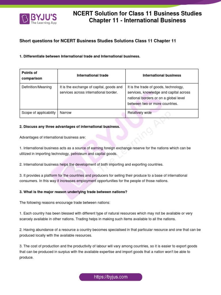 NCERT Class 11 Business Studies Chapter 11 International Business Solutions | PDF | World Trade ...