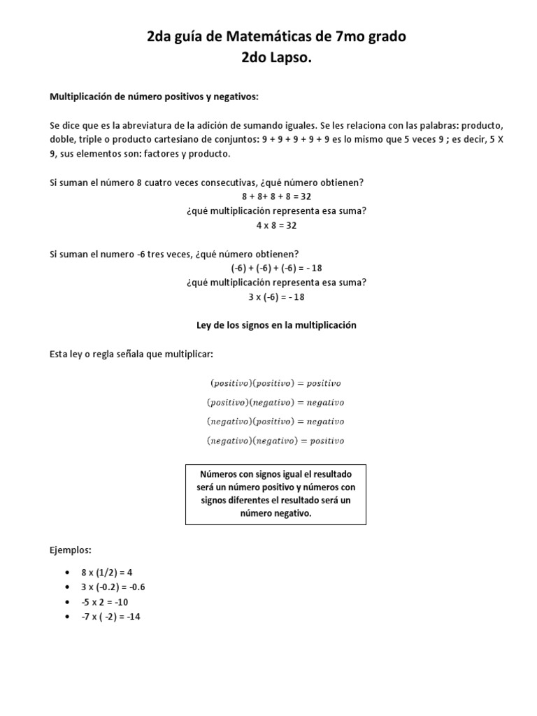 7mo 2da Guía de Matemáticas (2do Lapso) | PDF | Multiplicación ...