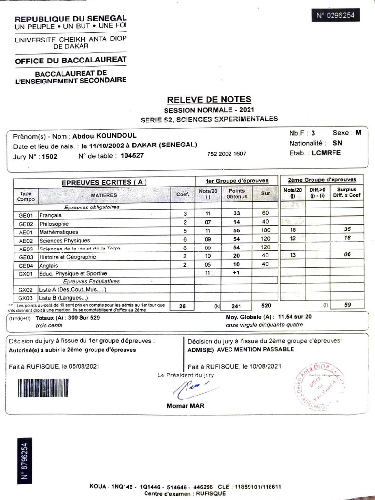Relevé de notes Bac 2021 Sénégal | PDF | Niveaux d'enseignement ...