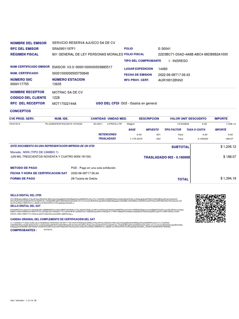 Nombre Del Emisor RFC Del Emisor: 15101514 PL/22909/EXP/ES/2019-1474330 ...