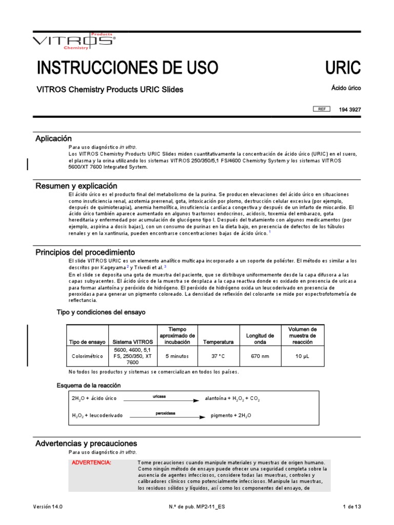 Inserto - VITROS Chemistry Products URIC Slides | PDF | Calibración | Gota