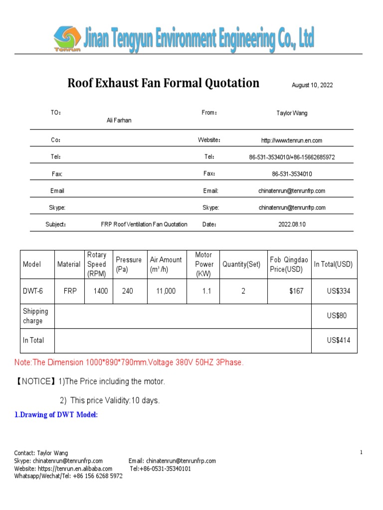 Tengyun DWT Roof Ventilation Fan Formal Quotation From Taylor | PDF ...