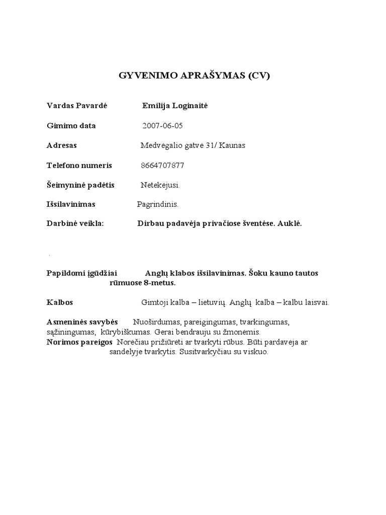 Gyvenimo Aprašymas (CV) | PDF