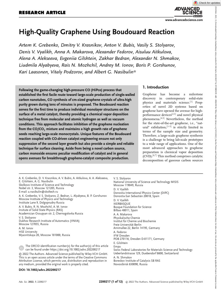 Advanced Science - 2022 - Grebenko - High Quality Graphene Using ...