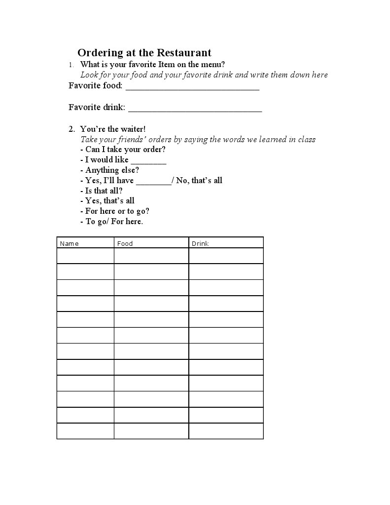 Waiter Worksheet | PDF