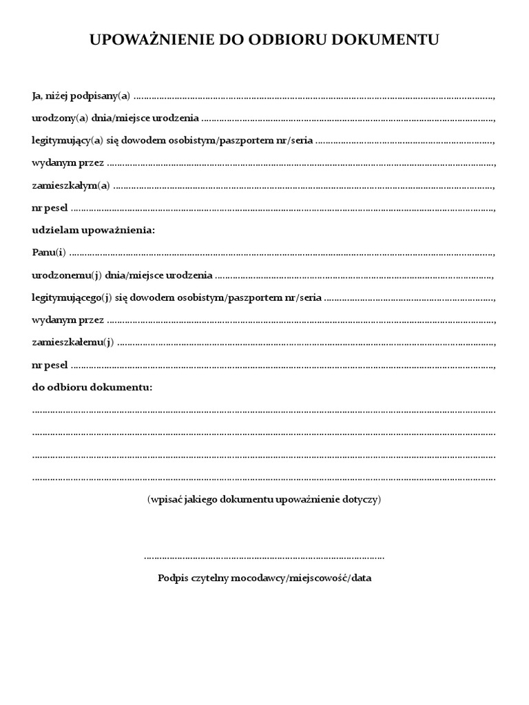 Upowaznienie Do Odbioru Dokumentu | PDF Upowaznienie Do Odbioru Dokumentu | PDF