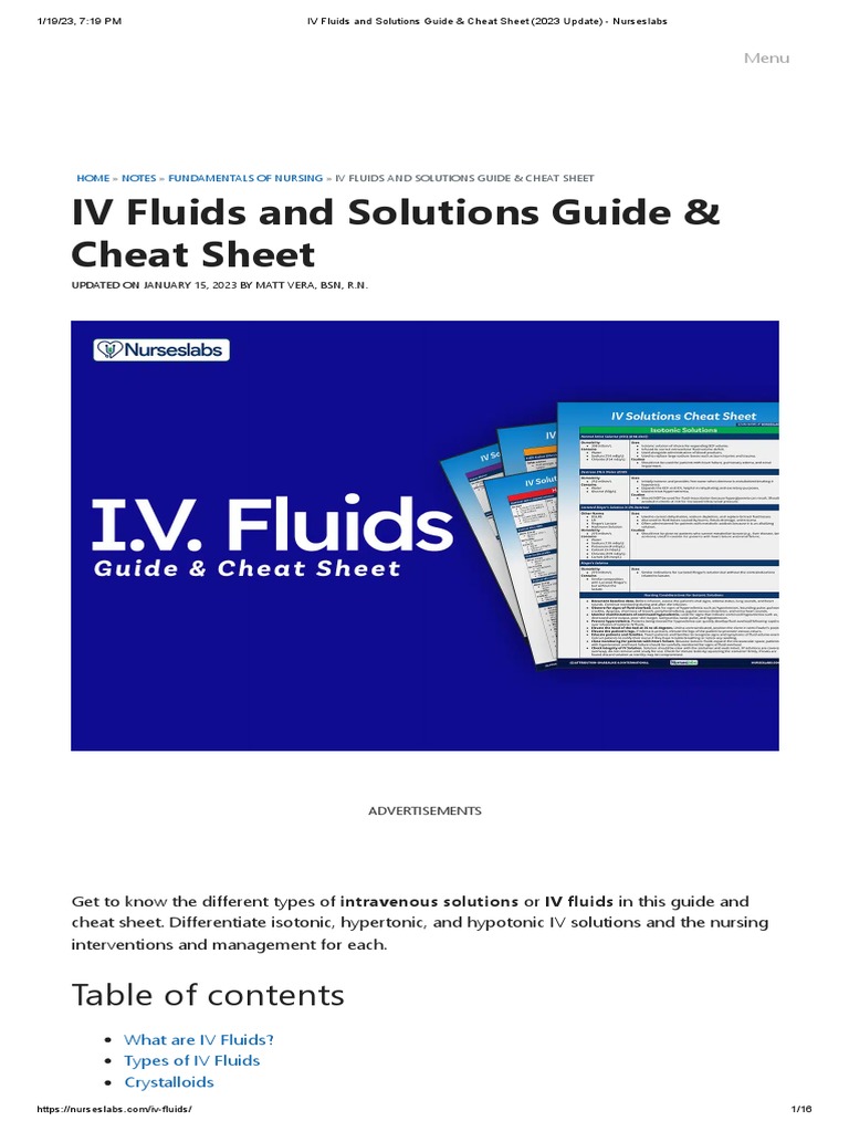 IV Fluids and Solutions Guide & Cheat Sheet (2023 Update) - Nurseslabs | PDF | Saline (Medicine ...