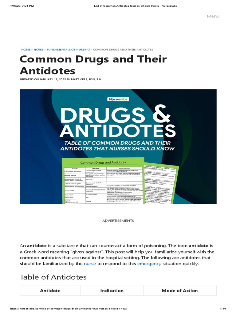 List of Common Antidotes Nurses Should Know - Nurseslabs | PDF ... List of Common Antidotes Nurses Should Know - Nurseslabs | PDF ...