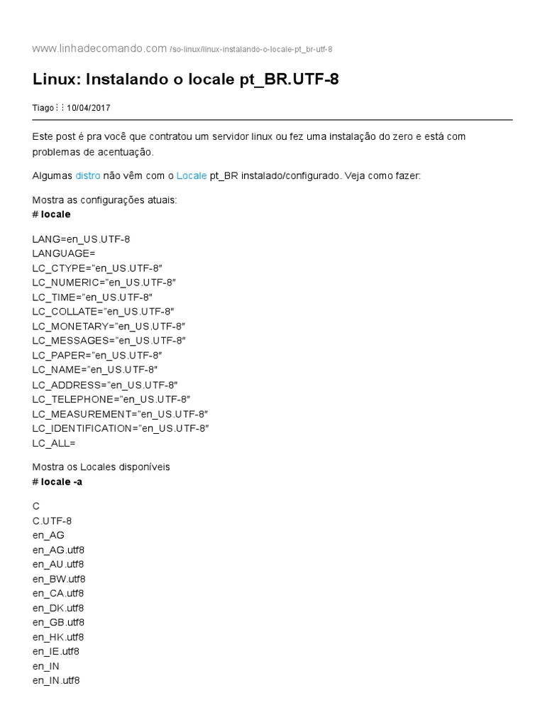 Linux - Instalando o Locale PT - BR - UTF-8 | PDF