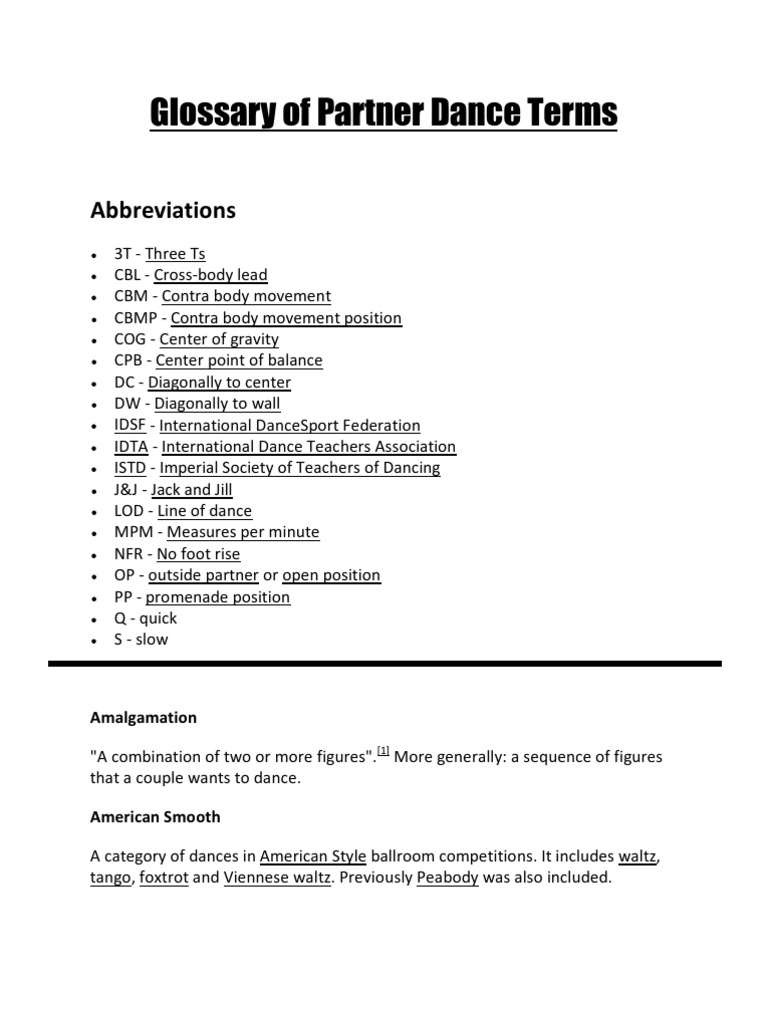 Glossary of Partner Dance Terms | PDF | Ballroom Dance | Partner Dance