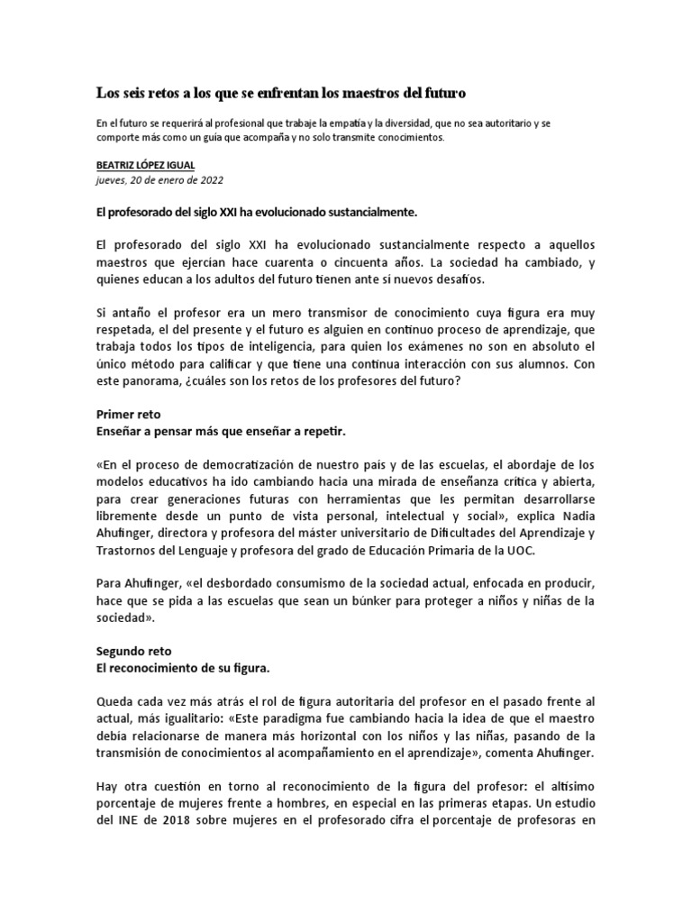 Los Seis Retos A Los Que Se Enfrentan Los Maestros Del Futuro | PDF ...