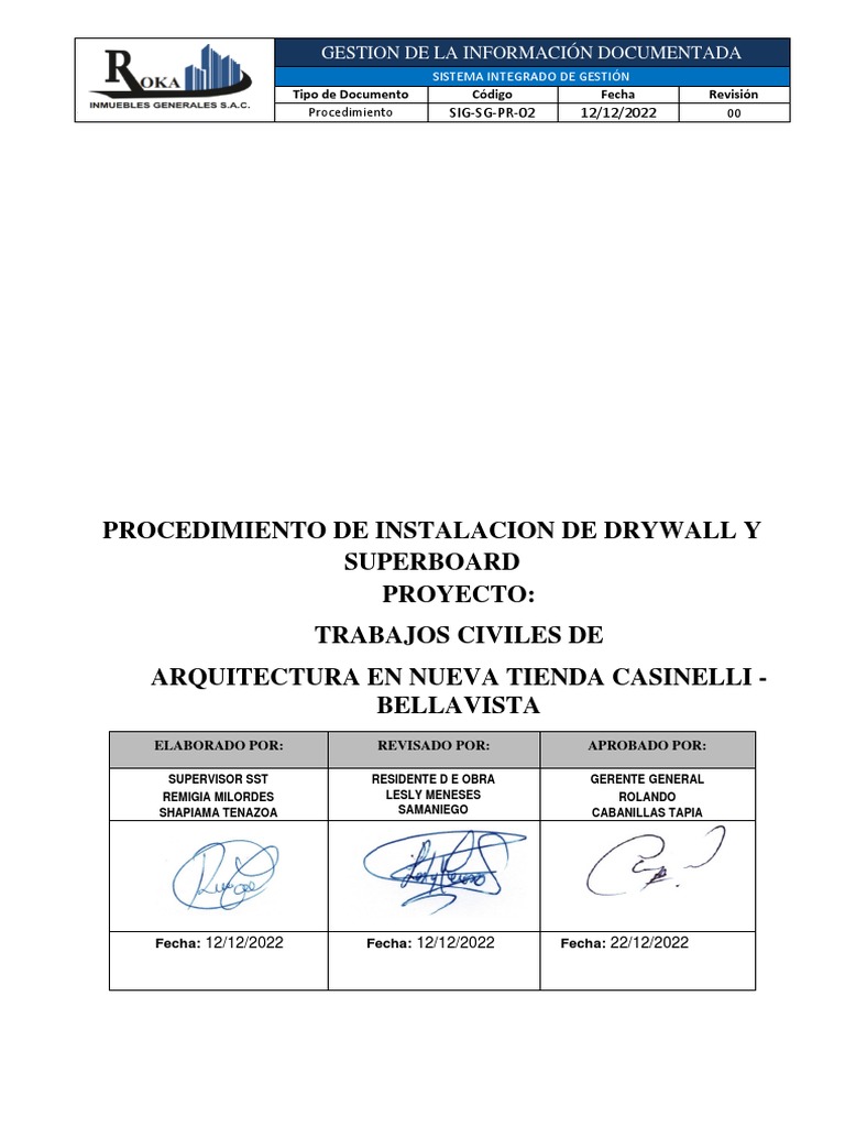 SIG-SG-PR-02 Procedimiento de Instalacion de Drywall y Superboard | PDF ...