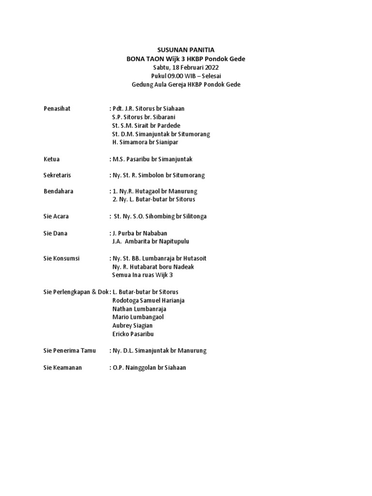 PANITIA BONA TAON WIJK 3 HKBP Pondok Gede - Rev | PDF PANITIA BONA TAON WIJK 3 HKBP Pondok Gede - Rev | PDF