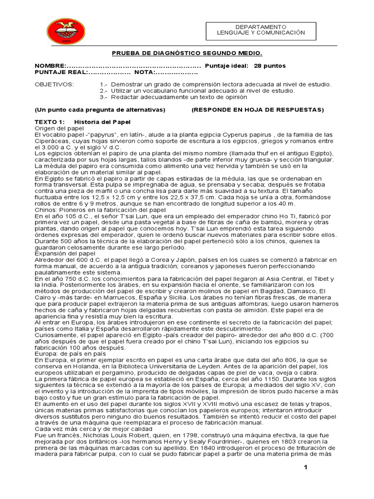 PRUEBA DOS LECTURA COMPRENSIVA Basada en Simce Forma B 2016 12 | PDF | Papel | Papiro