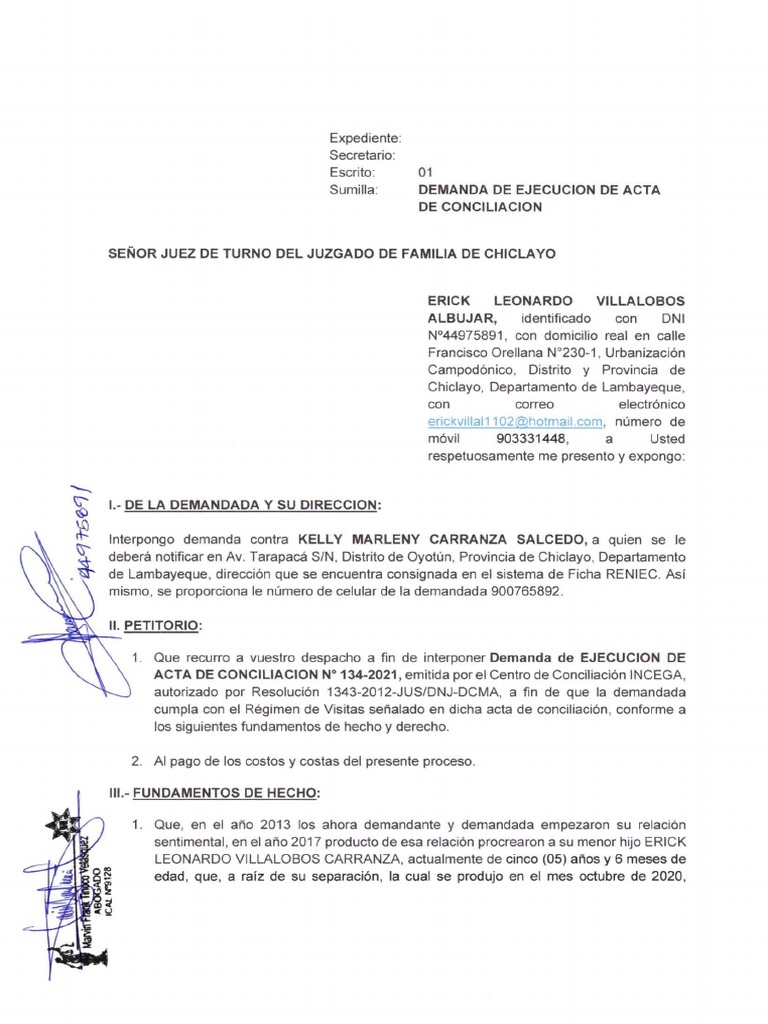 Demanda Ejecución de Acta de Conciliación | PDF