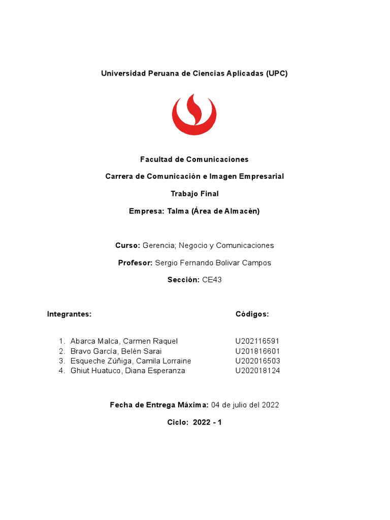 2022 1S-IM58 - TF TALMA (Area Almacén) GRUPO 2 PDF | PDF | Business ...