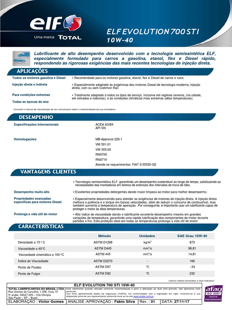 Propriedades e aplicações do lubrificante ELF Evolution 700 STI 10W-40 ...