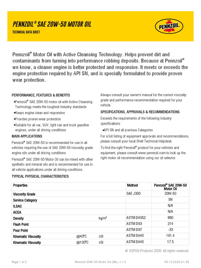 Pennzoil Sae 20W-50 Motor Oil: ® Technical Data Sheet | Download Free ...