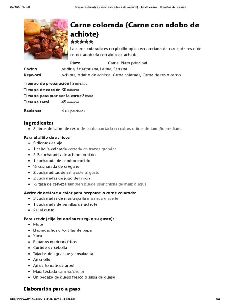 Receta de Carne Colorada Ecuatoriana | PDF | Carne | Maíz