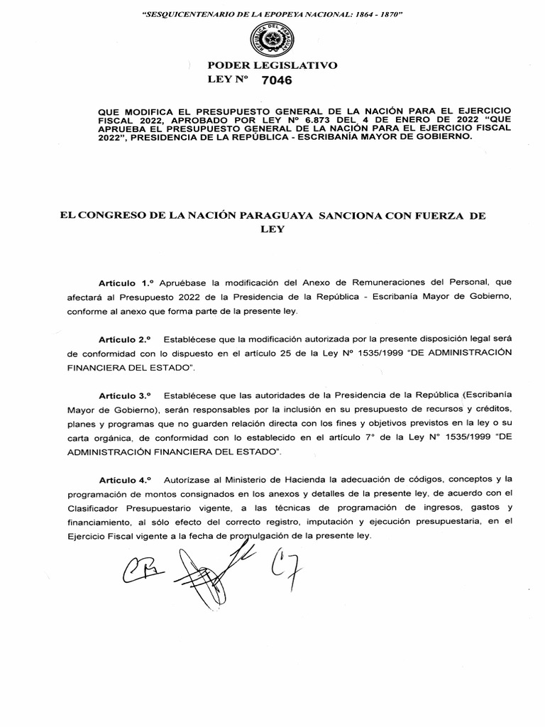 Modificación Ley 7046 Presupuesto 2022 | PDF | Gobierno | Separación de ...