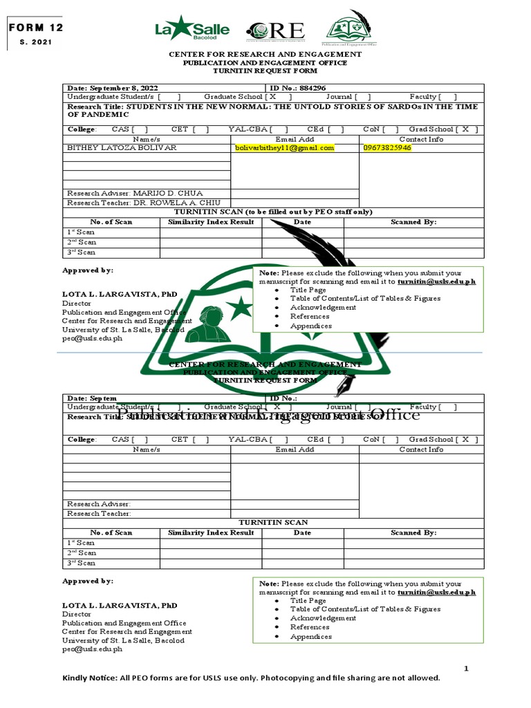 PEO Form 12 Turnitin Form | PDF