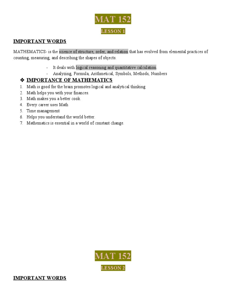 MAT 152 Lesson 1-7 | PDF | Pattern | Mathematics