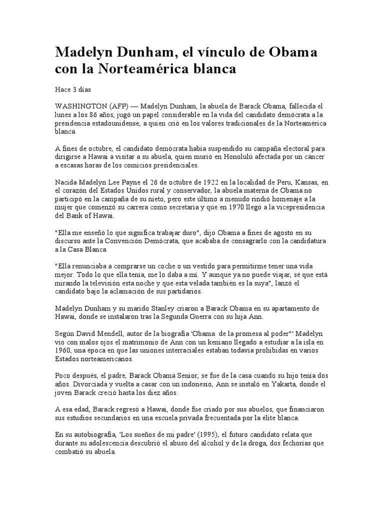 Madelyn Dunham: Legado en la Vida de Obama | PDF | Barack Obama