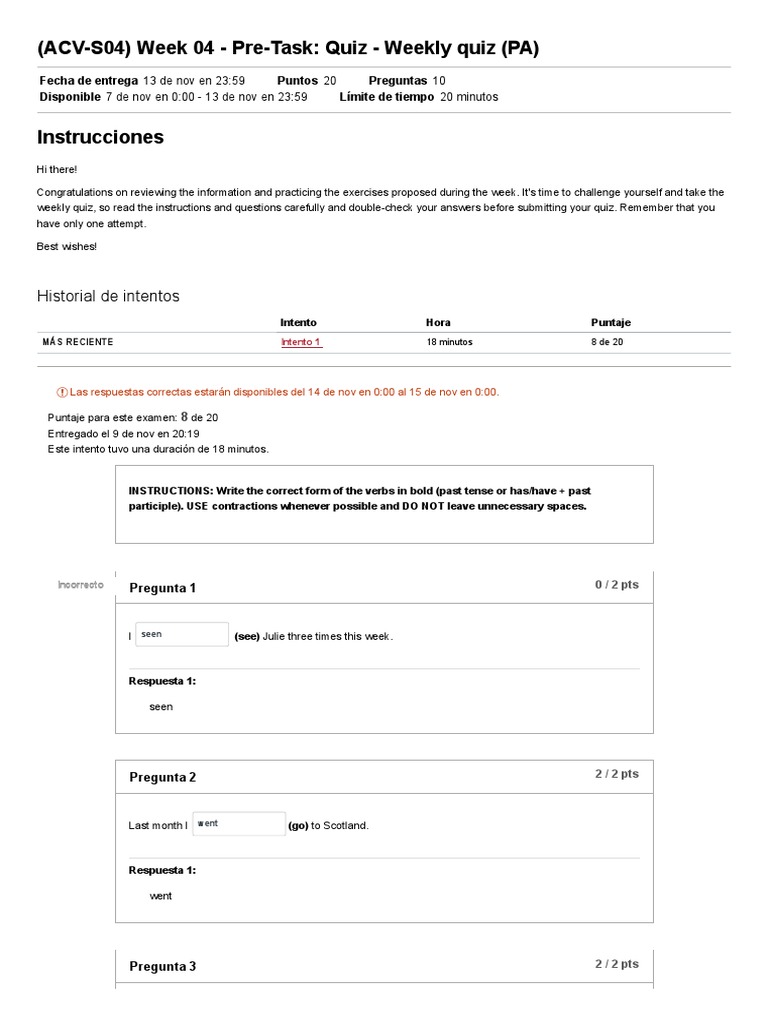 (ACV-S04) Week 04 - Pre-Task - Quiz - Weekly Quiz (PA) - INGLES IV (31022) | PDF | Languages ...
