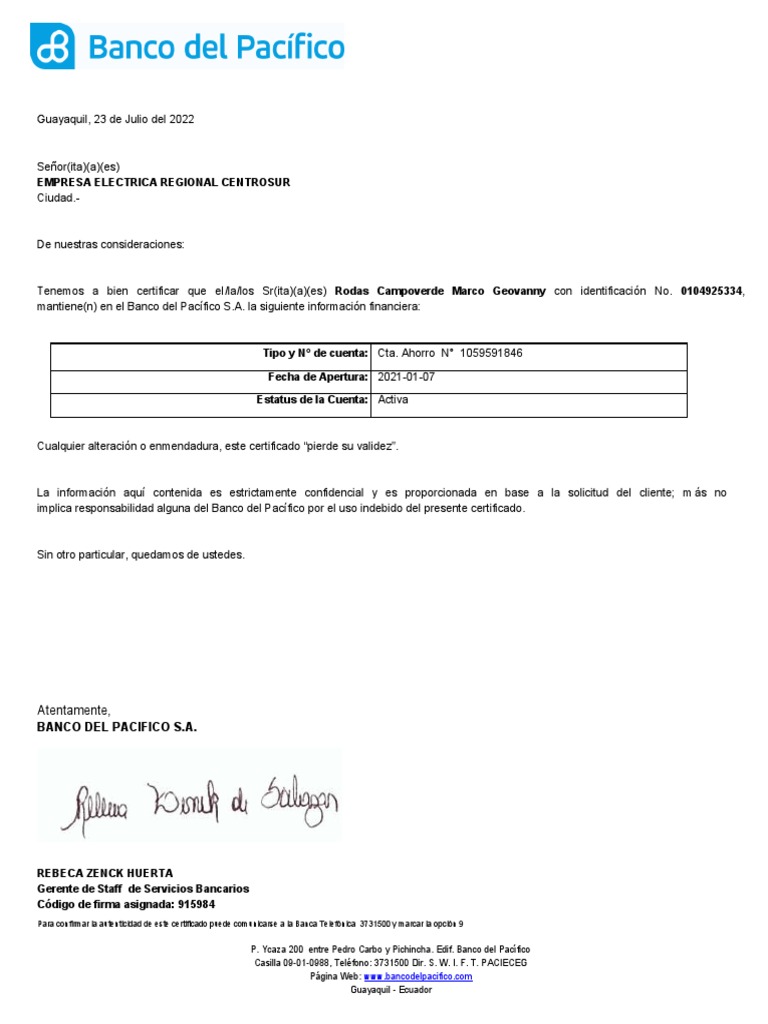 Certificado Banco Pacifico | PDF