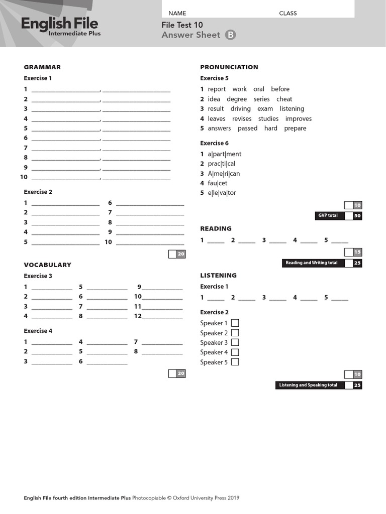 EF4e Intplus Filetest 10B Answersheet | PDF | Cognitive Science | Languages