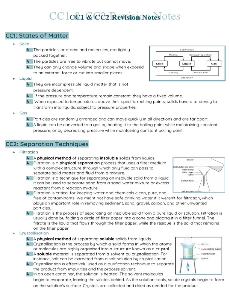 CC1 & CC2 Revision Notes | PDF | Filtration | Distillation
