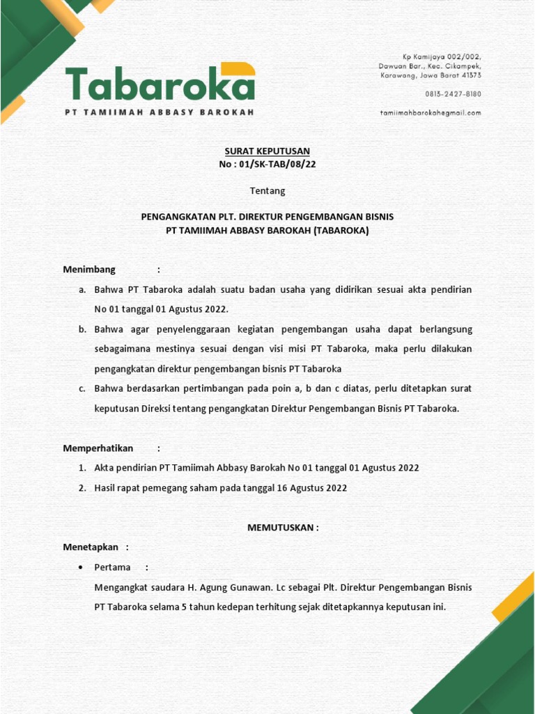01 SK TAB 08 2022 Pengangkatan Pejabat PLT Direktur Pengembangan Bisnis ...