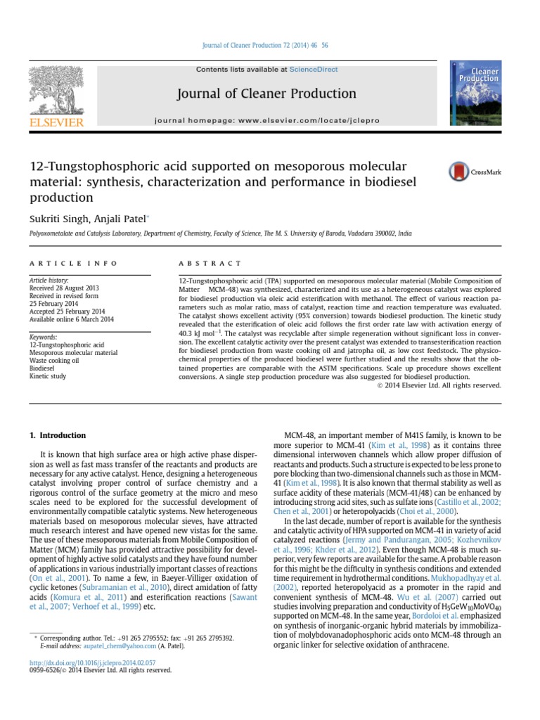 12-Tungstophosphoric Acid Supported On Mesoporous Molecular Material Synthesis, Characterization ...