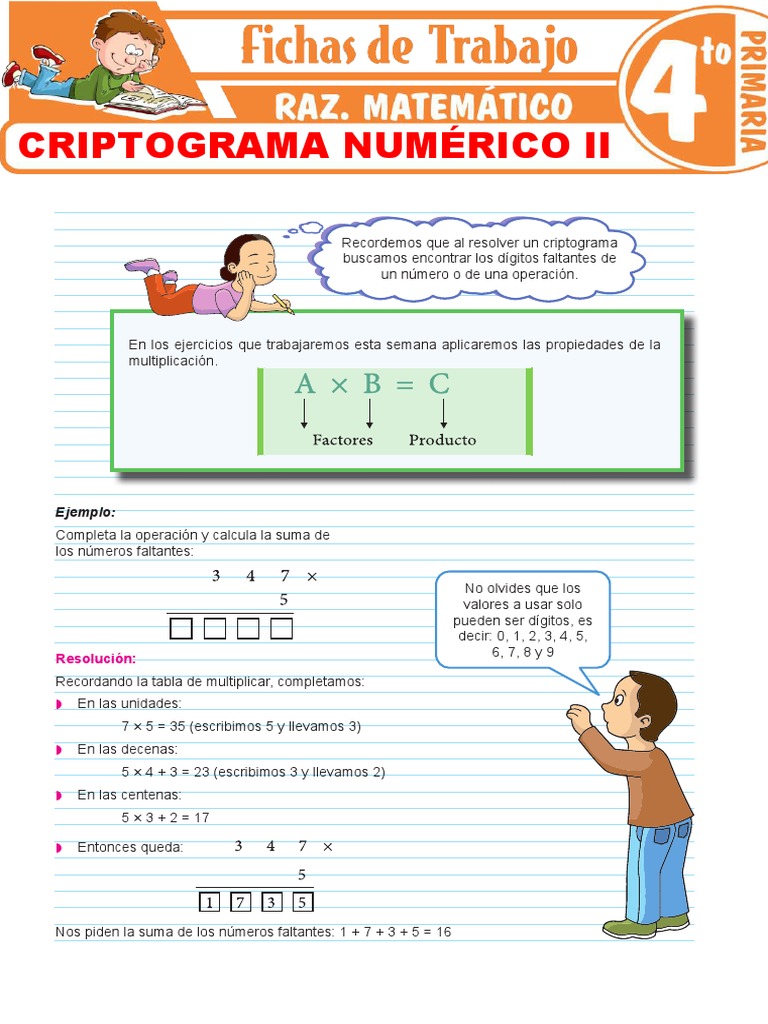 Criptograma Numérico II para Cuarto Grado de Primaria | PDF | Multiplicación | Matemáticas