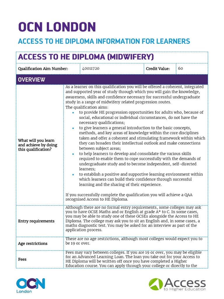 Access To HE Diploma Information For Learners - Midwifery | PDF | Learning | Nursing