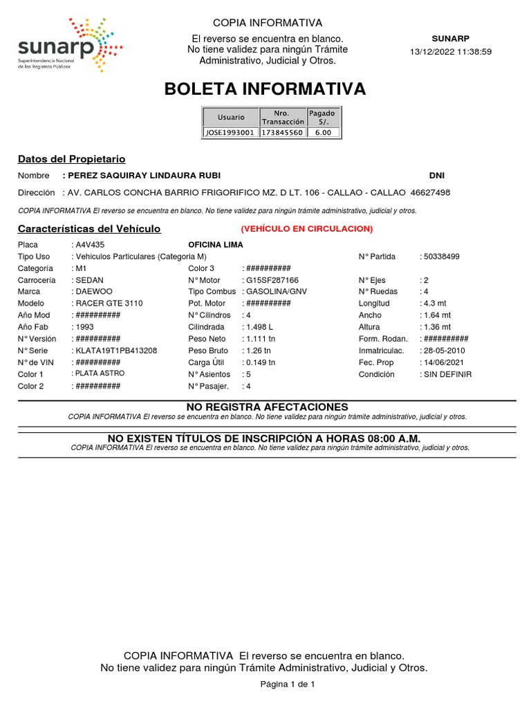 Boleta Informativa | PDF | Vehículo de motor | Tecnología de vehículos
