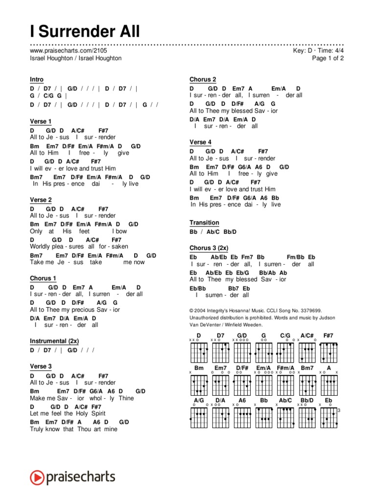 I Surrender All (Israel Houghton) Chord Chart - D - 2 Column Layout | PDF