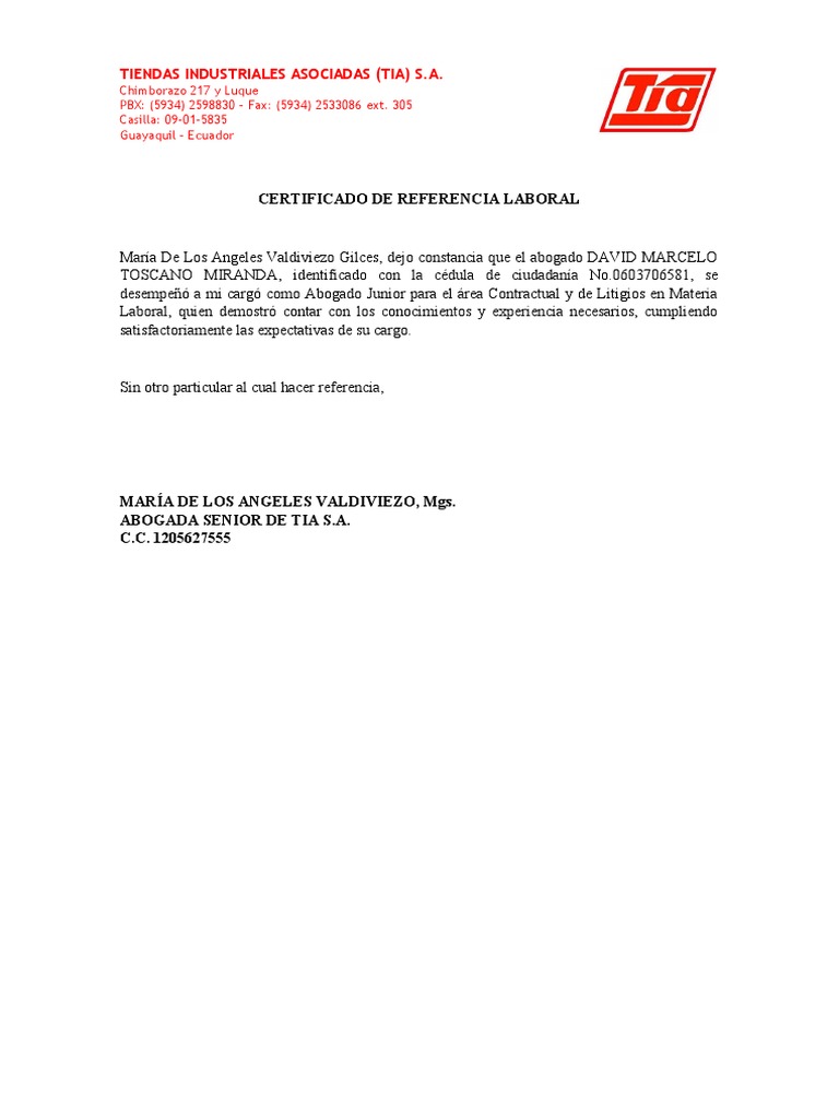 Certificado de Referencia Laboral | PDF