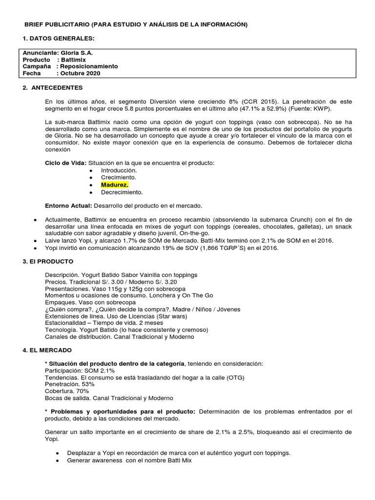 Yogurt Battimix de Gloria | PDF | Marca | Mercado (economía)