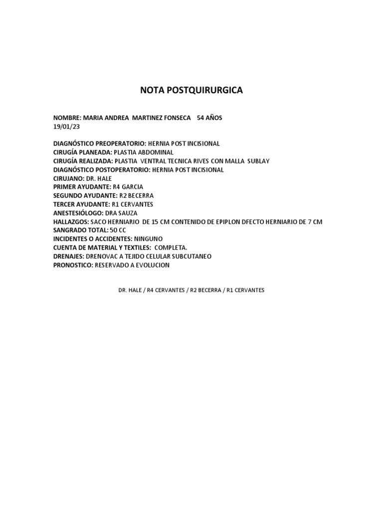 Nota Postquirurgica CG | PDF | Cuidado de la salud | Medicina CLINICA