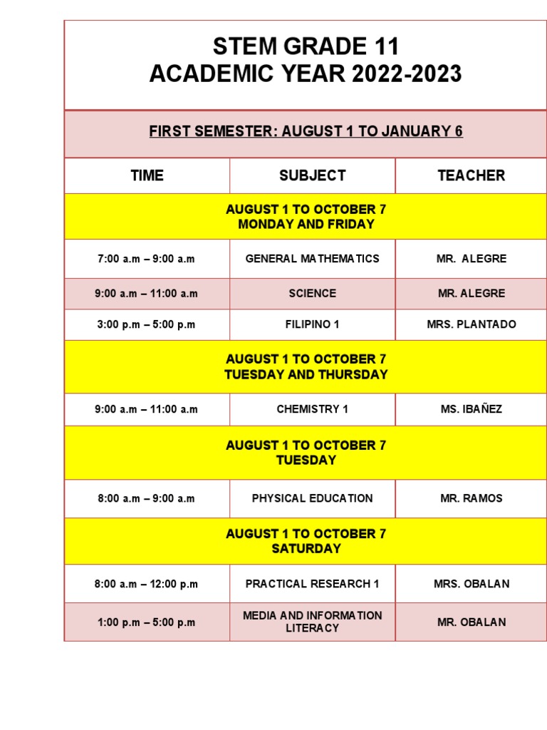 Stem Schedule 2022 2023 | PDF | Social Science | Science & Mathematics