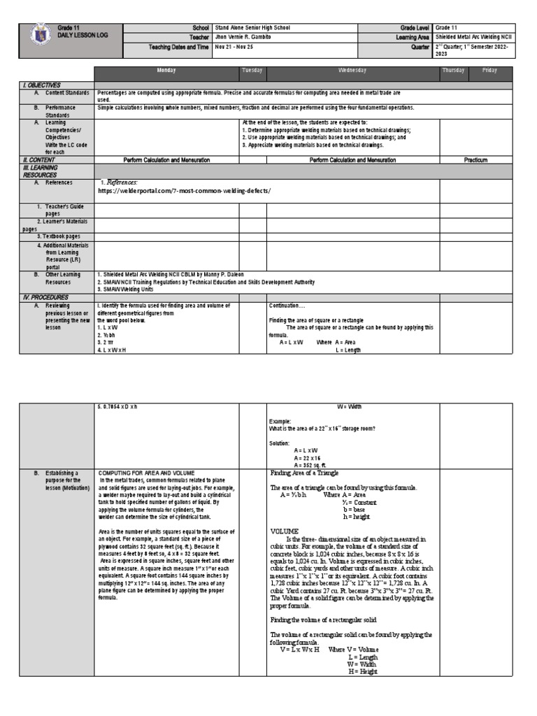 Grade 11 SMAW - q2 w3 | PDF | Area | Volume
