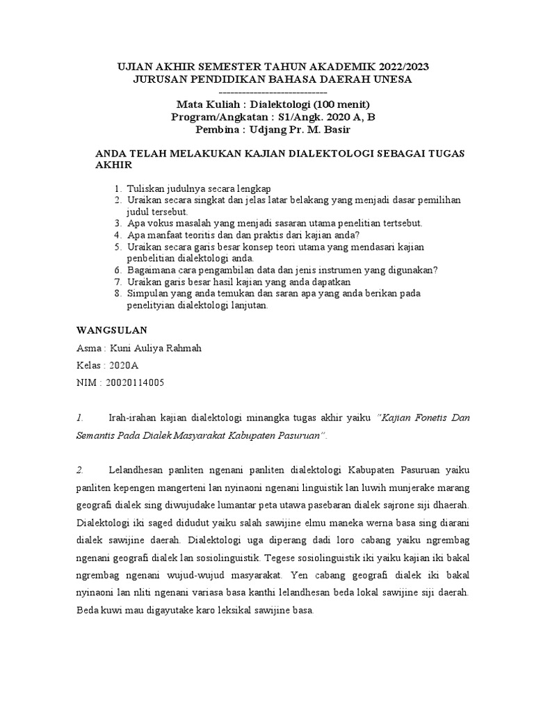 Kuni Auliya Rahmah - UAS Dialektologi | PDF | Seni & Disiplin Bahasa