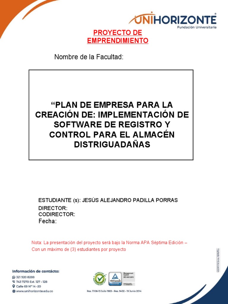 Modelo de Presentacion de Proyecto de Emprendimiento 2022. | PDF