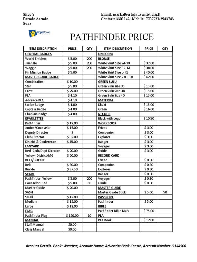 Pathfinder Uniform and Badge Price List | PDF | Cooking, Food & Wine